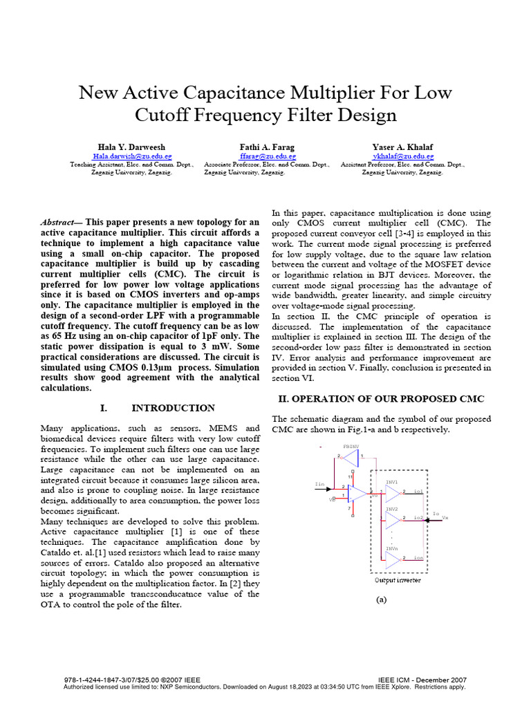 New Active Capacitance Multiplier For Low Cutoff Frequency Filter Design | PDF | Operational ...