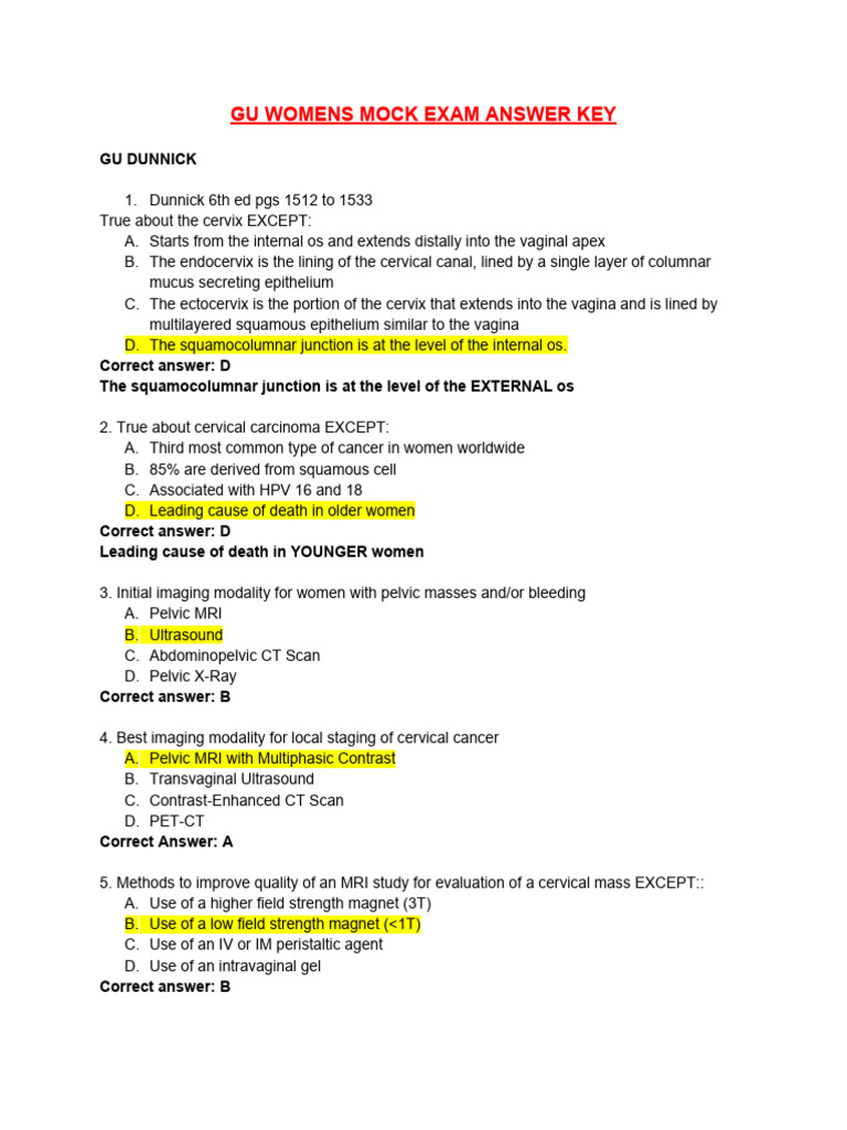 Gu Womens Mock Answer Key | PDF | Pelvis | Clinical Medicine