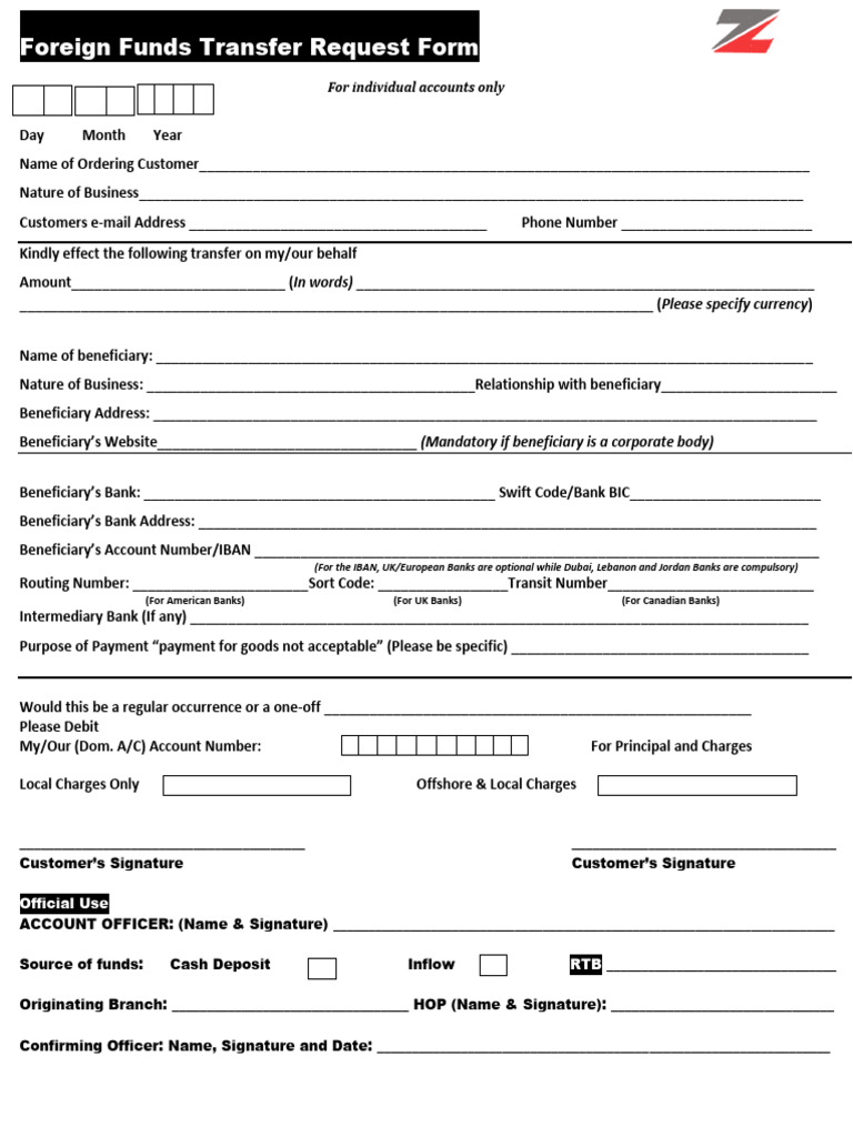 Foreign Funds Transfer Request Form For Individuals | PDF | Banks ...