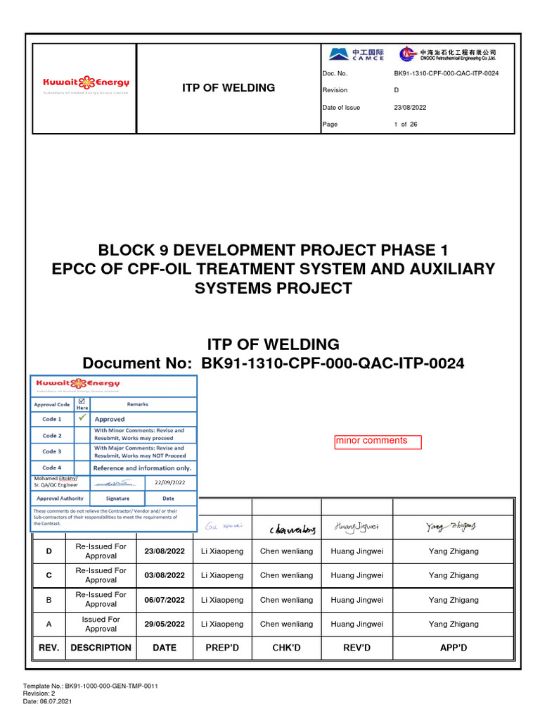 BK91-1310-CPF-000-QAC-ITP-0024 - D - ITP of Welding C1 | PDF | Welding | Construction