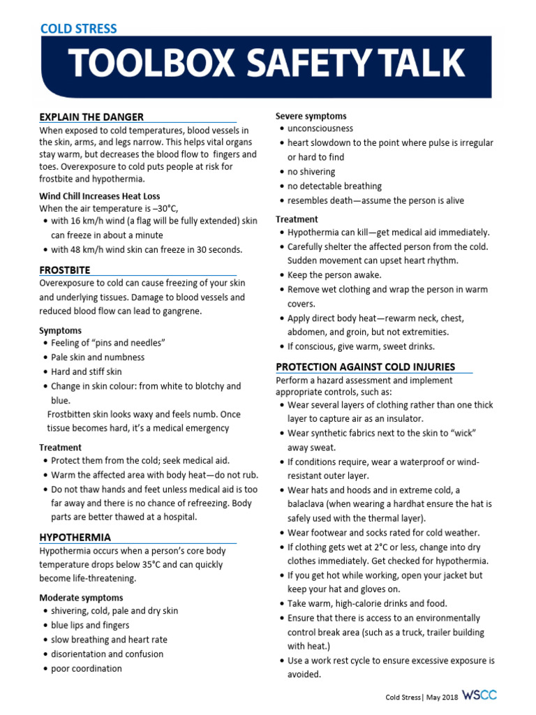 Cold Stress - Toolbox Talk - English | PDF | Hypothermia | Clinical ...