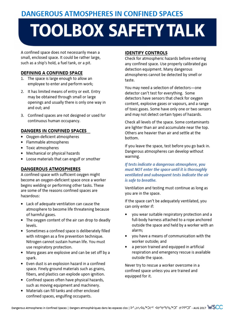 Confined Spaces Toolbox Talk Aug.2017 English | PDF | Occupational Safety And Health | Safety