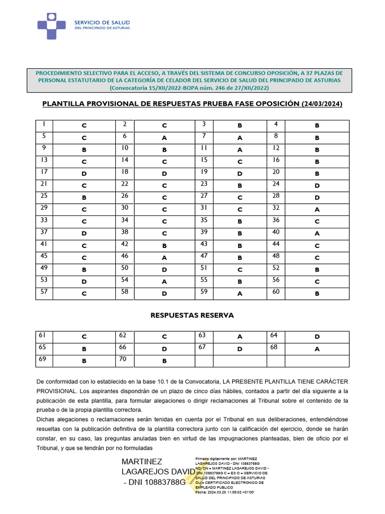 Plantilla Provisional Respuestas PRUEBA OPOSICION CELADOR-1 | PDF