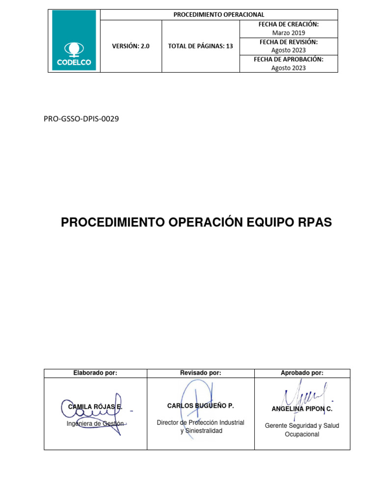 Pro-Gsso-Dpis-0029 Procedimiento Operación Rpa | PDF | Vehículo aéreo no tripulado | Aviación
