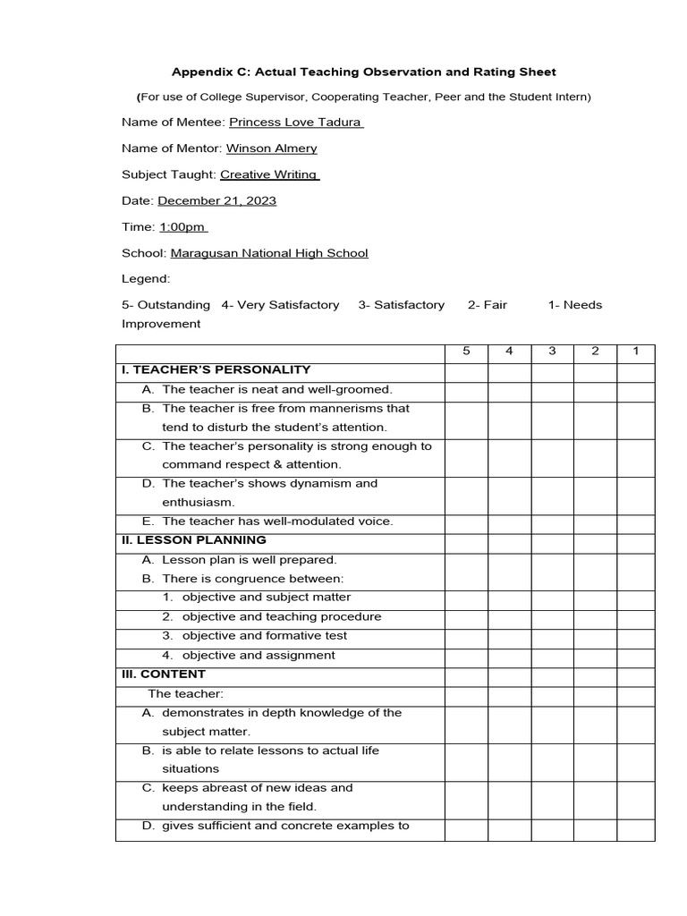 Appendix-C-RUBRICS-FOR-DEMO | PDF | Teachers | Mentorship