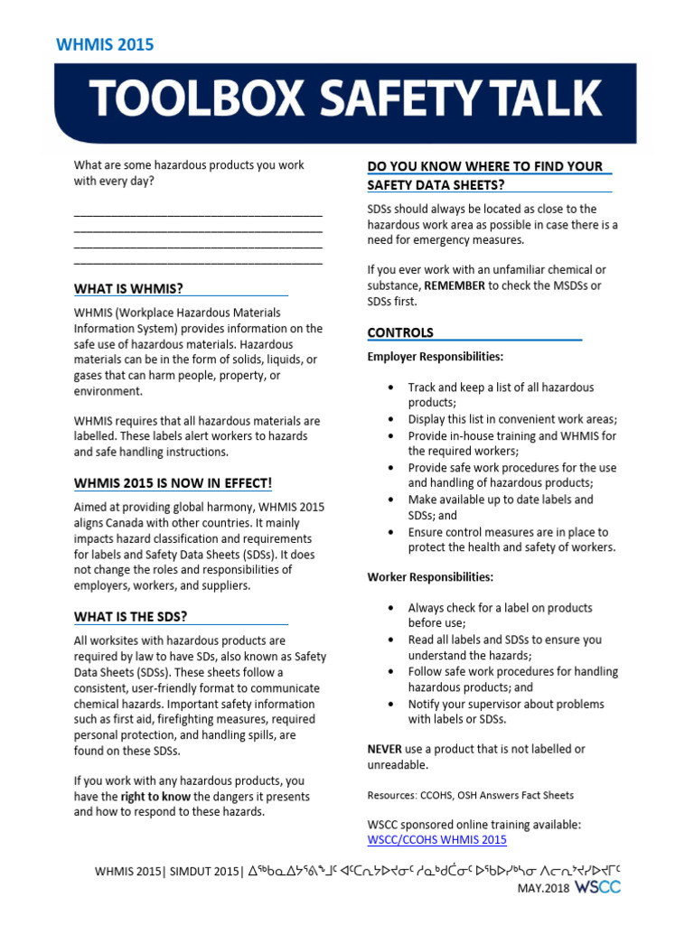 WHMIS 2015 - Toolbox Talk - English | PDF | Occupational Safety And ...