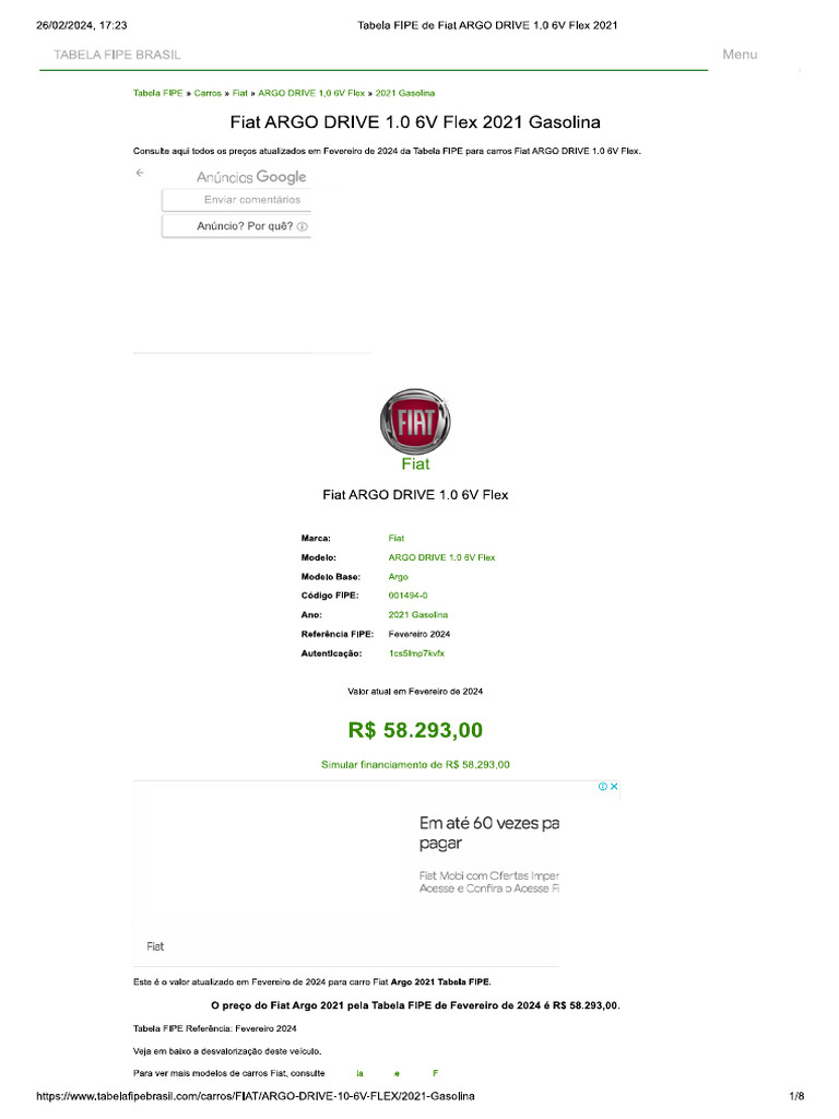 Tabela Fipe Argo 2021 | PDF