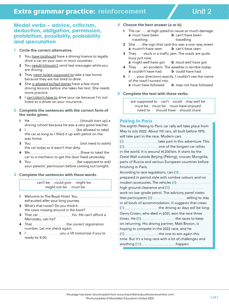 B2PLUS U2 Extra Grammar Practice Reinforcement | PDF | Vehicles | Car
