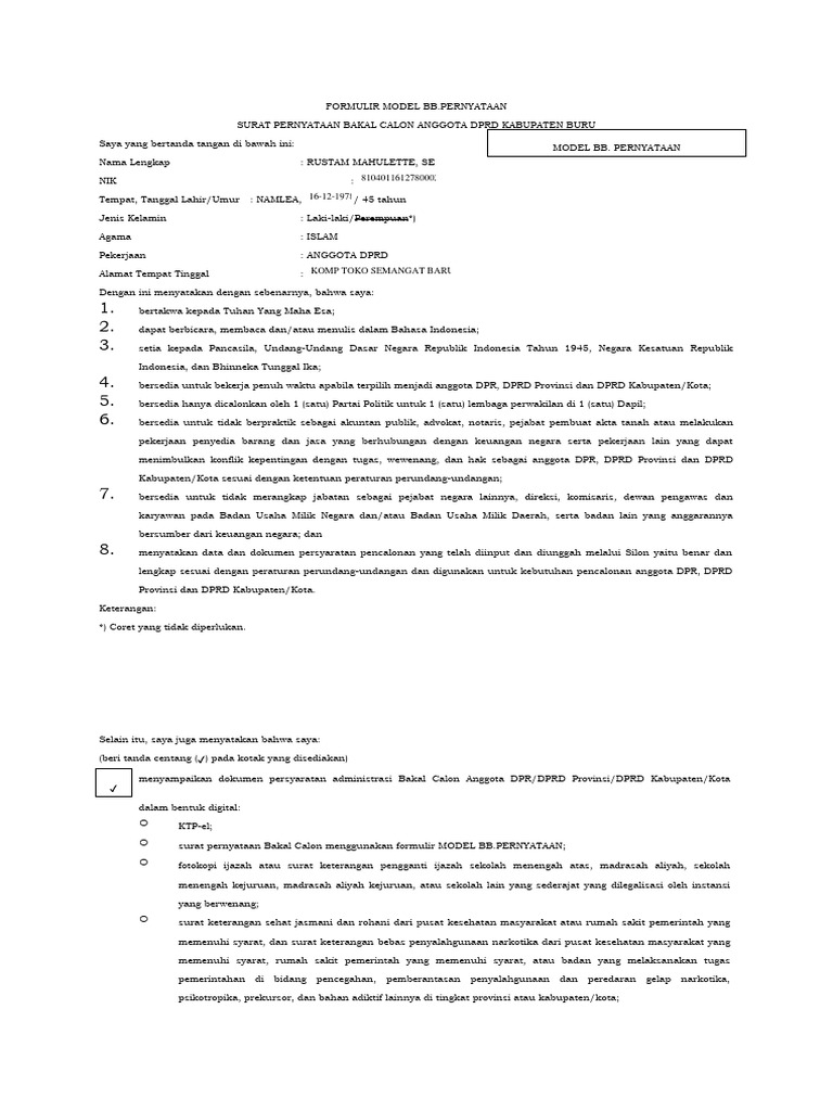 Surat Pernyataan Bakal Calon Formulir Model BB | PDF