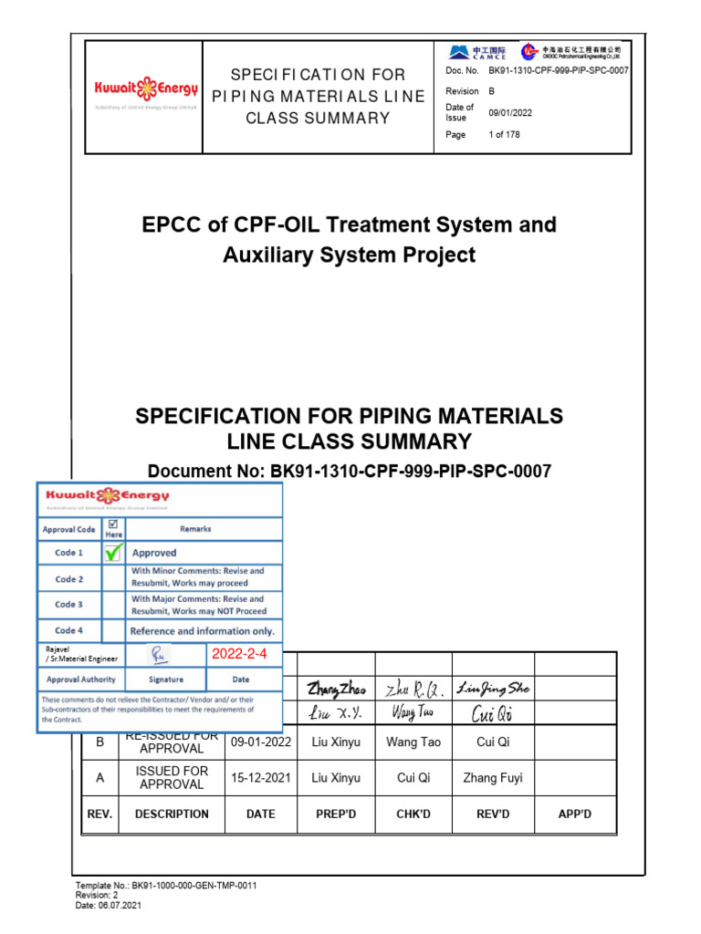 BK91-1310-CPF-999-PIP-SPC-0007 - B - Specification For Piping Materials Line Class Summary - c1 ...