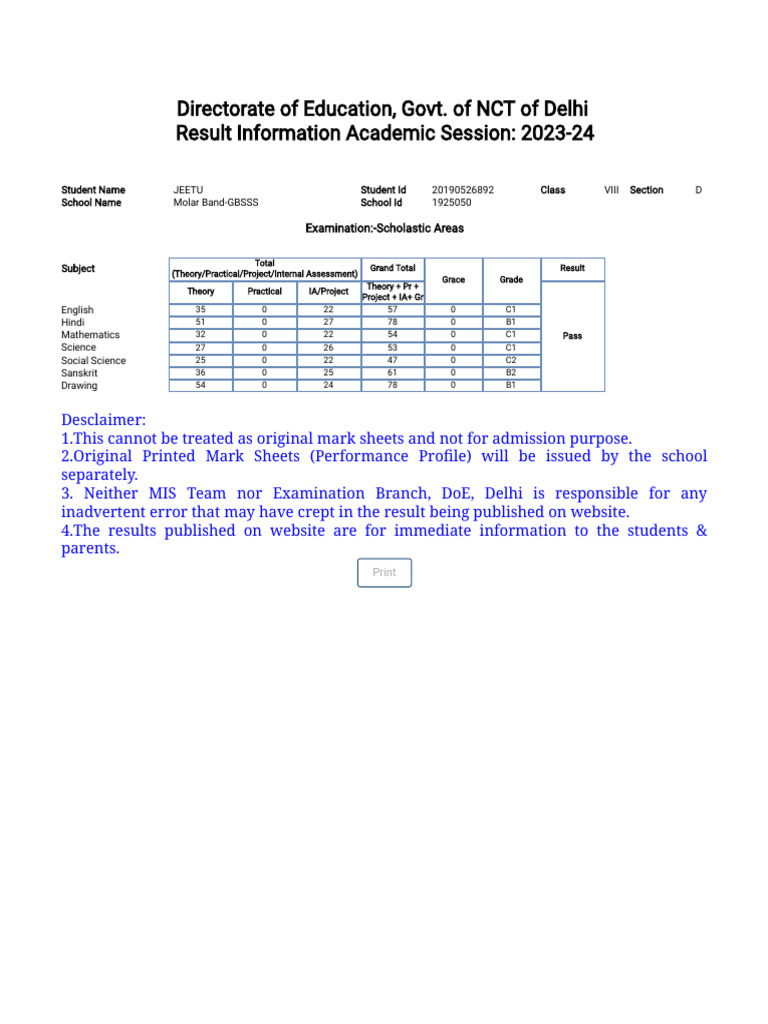 Class 8th Marksheet Preview | PDF
