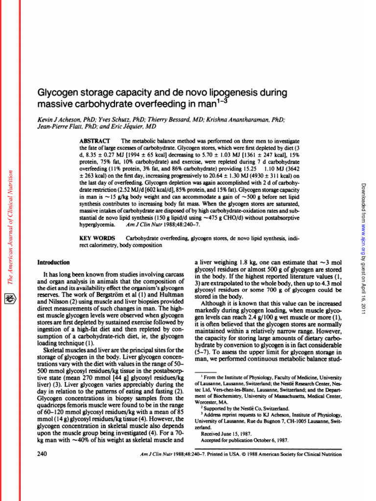 Glycogen Storage Capacity and de Novo Lipogenesis During Massive ...