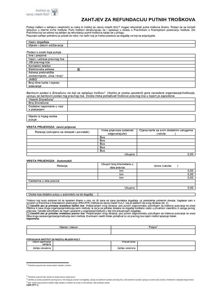 Zahtjev Za Refundaciju Putnih Troškova: VRSTA PRIJEVOZA: Javni Prijevoz ...