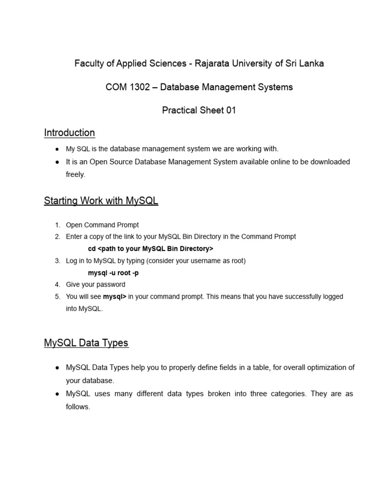 Practical Sheet 01 | PDF | Databases | My Sql