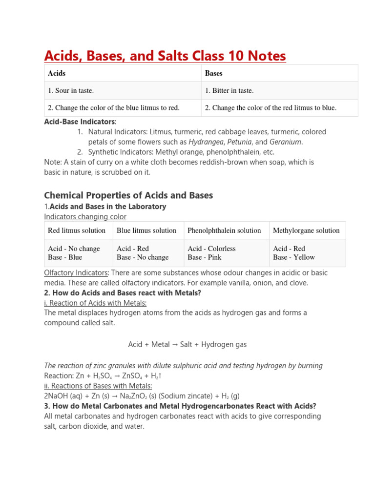 Class 10 Acids, Bases, and Salts Notes | PDF | Ph | Sodium Carbonate