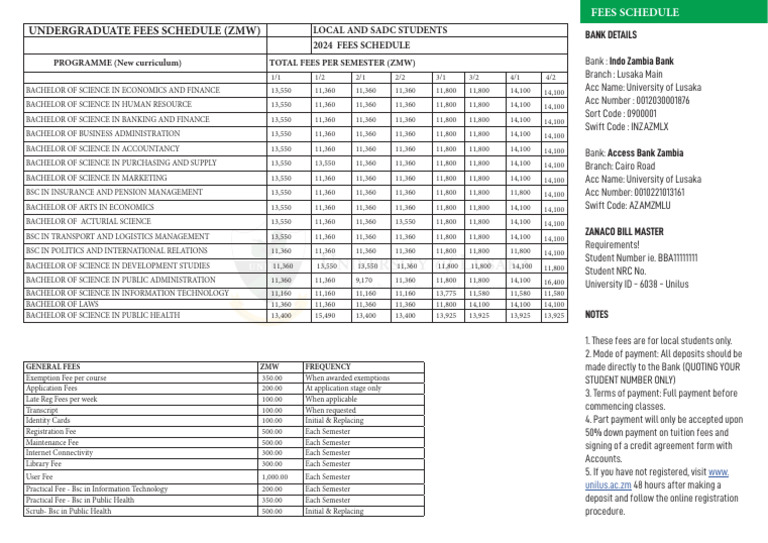 Unilus 2024 Fees Schedule and Payments | PDF | Bachelor Of Science | Fee