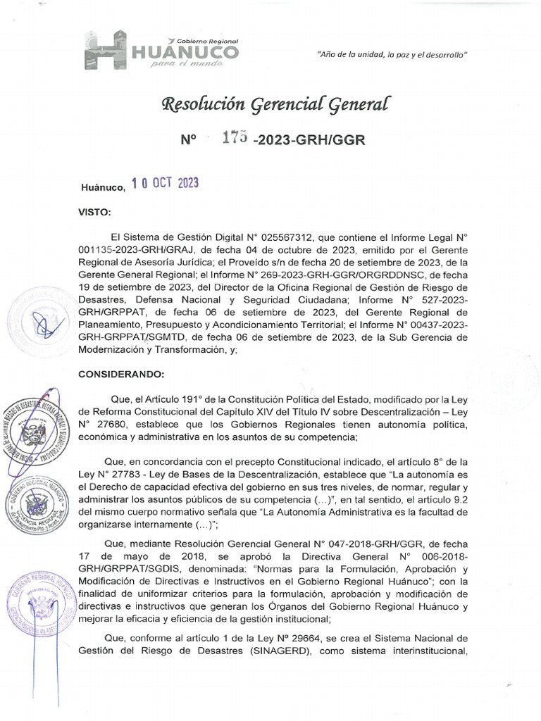 Resolucion Gerencial Regional N 000175-2023-GRH - GGR. | PDF