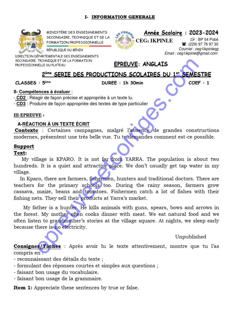 Anglais 5eme 2eme Devoir Du 1er Semestre 2023-2024 Ceg1 Ikpinle | PDF