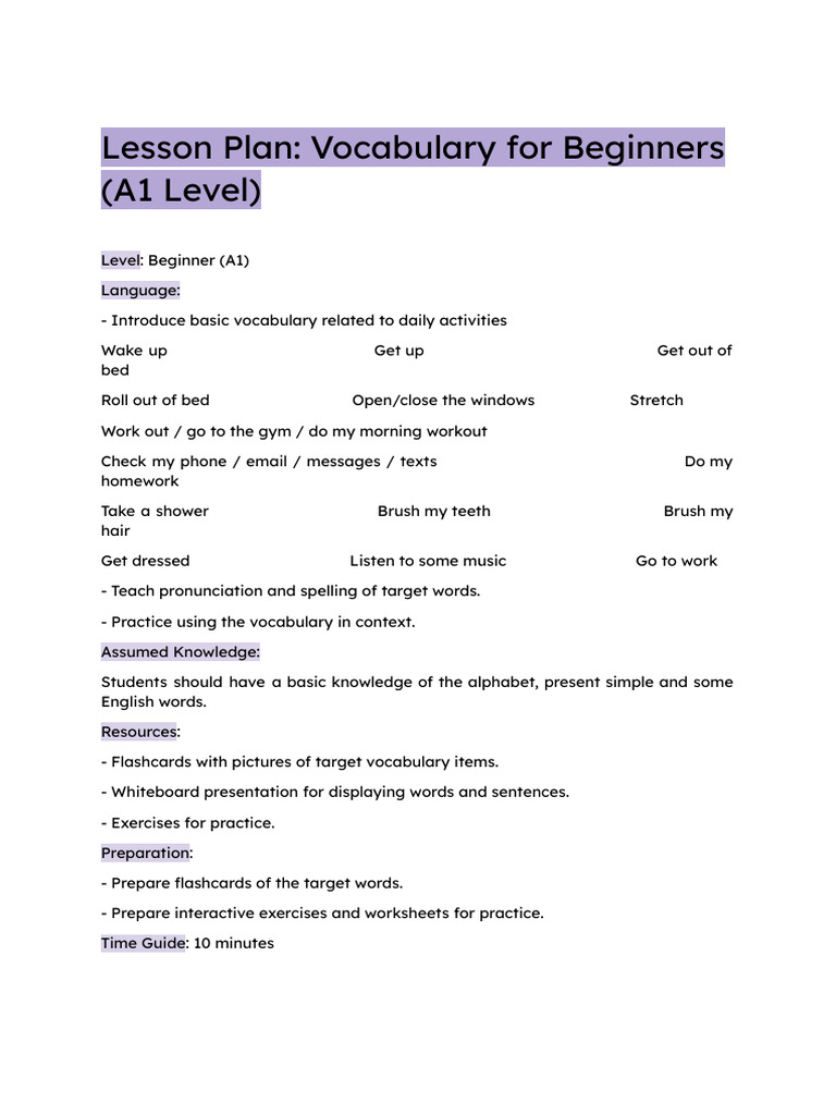 Lesson Plan For Beginners | PDF | Vocabulary | Flashcard