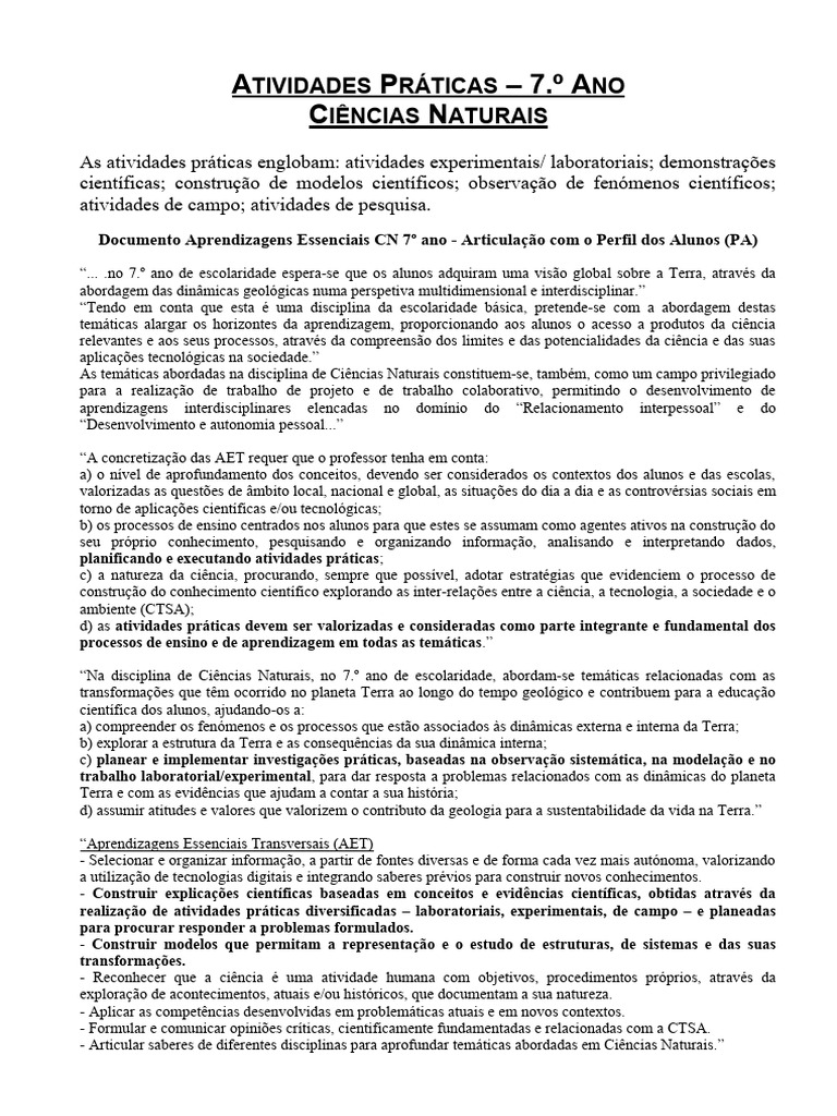 Listagem de Atividades Experimentais - 7ANO | PDF | Science | Terra