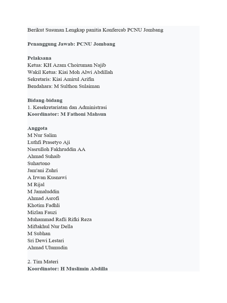 Berikut Susunan Lengkap panitia Konfercab PCNU Jombang | PDF