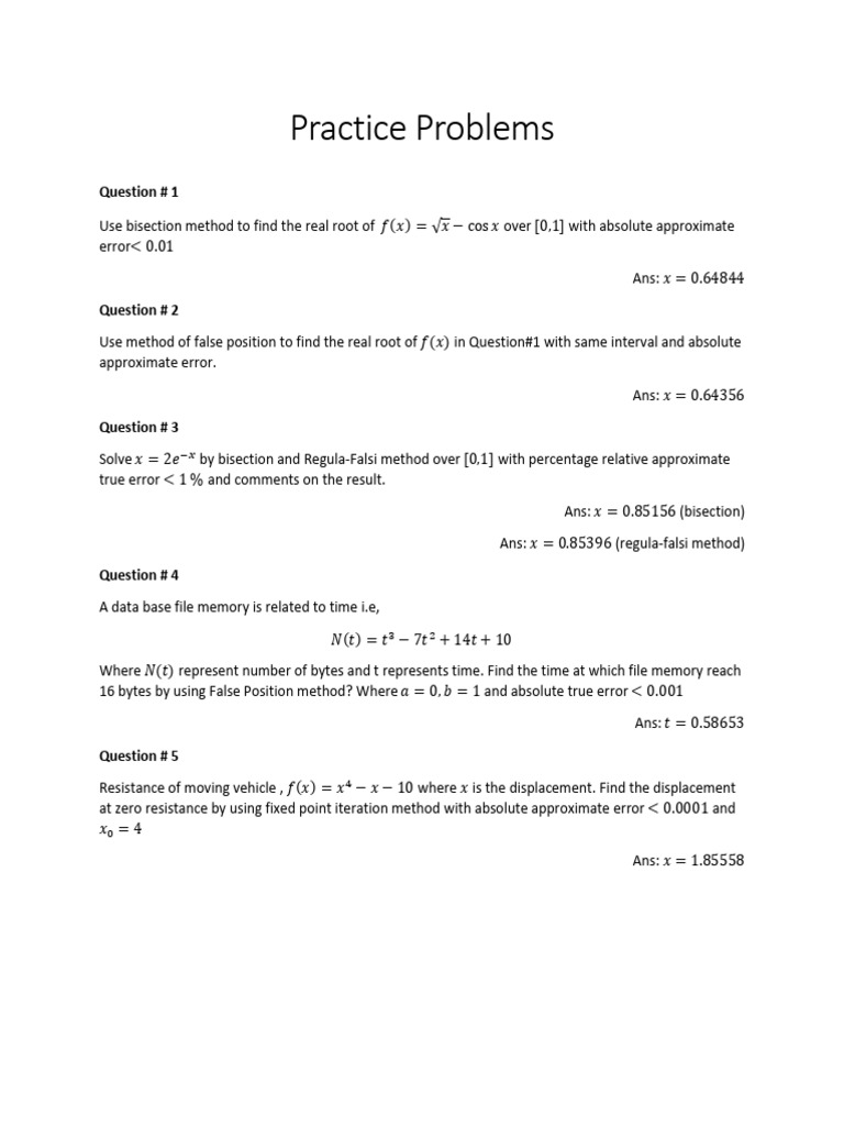 Practice Problems Related To Root Finding Methods With Answers | PDF ...