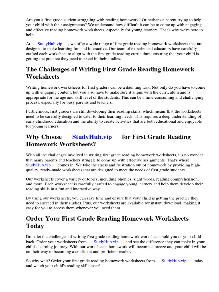 First Grade Reading Homework Worksheets | PDF | Reading Comprehension ...