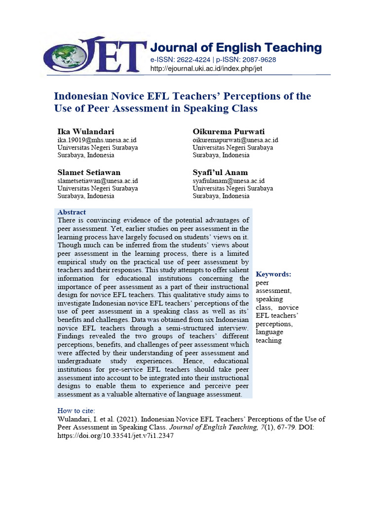 Perceptions of The Use of Peer Assessment | PDF | Educational Assessment | English As A Second ...