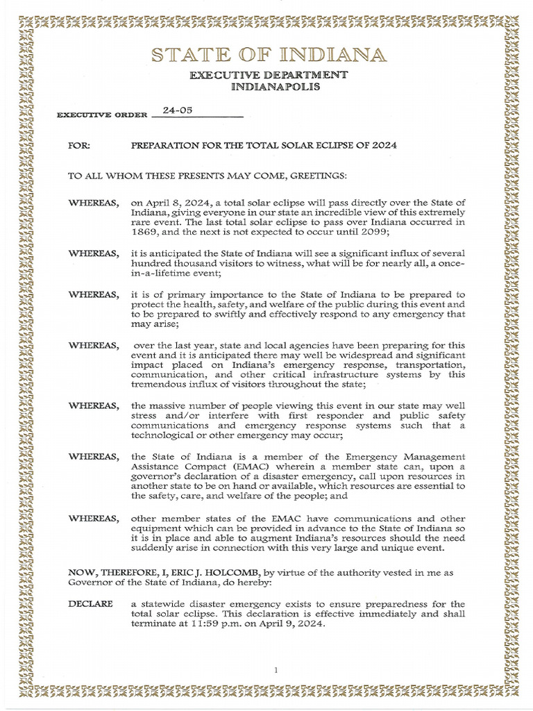 Indiana Declaration of Emergency For The Solar Eclipse | PDF