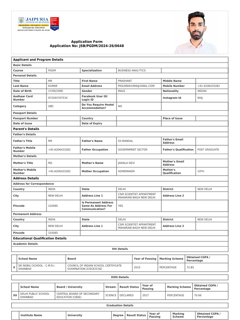 PGDM Application Form for Prashant Kumar | PDF