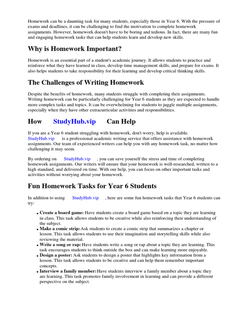 Fun Homework Tasks Year 6 | PDF | Homework | Learning