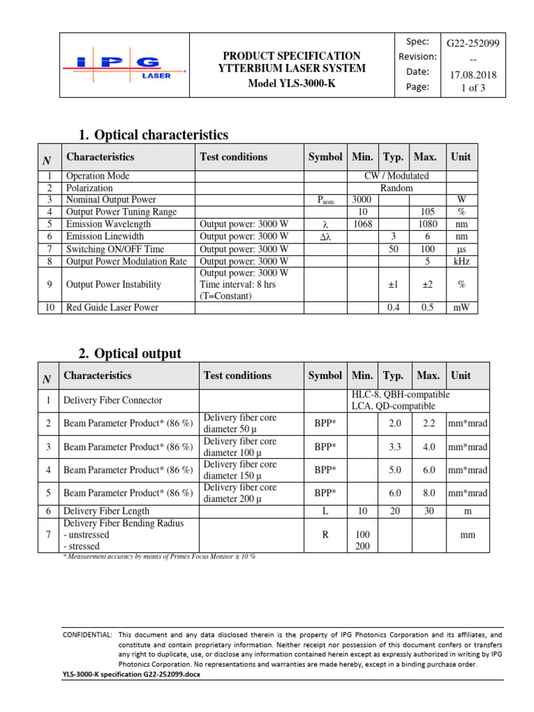 YLS-3000-K Specification G22-252099 | PDF | Optical Fiber | Laser