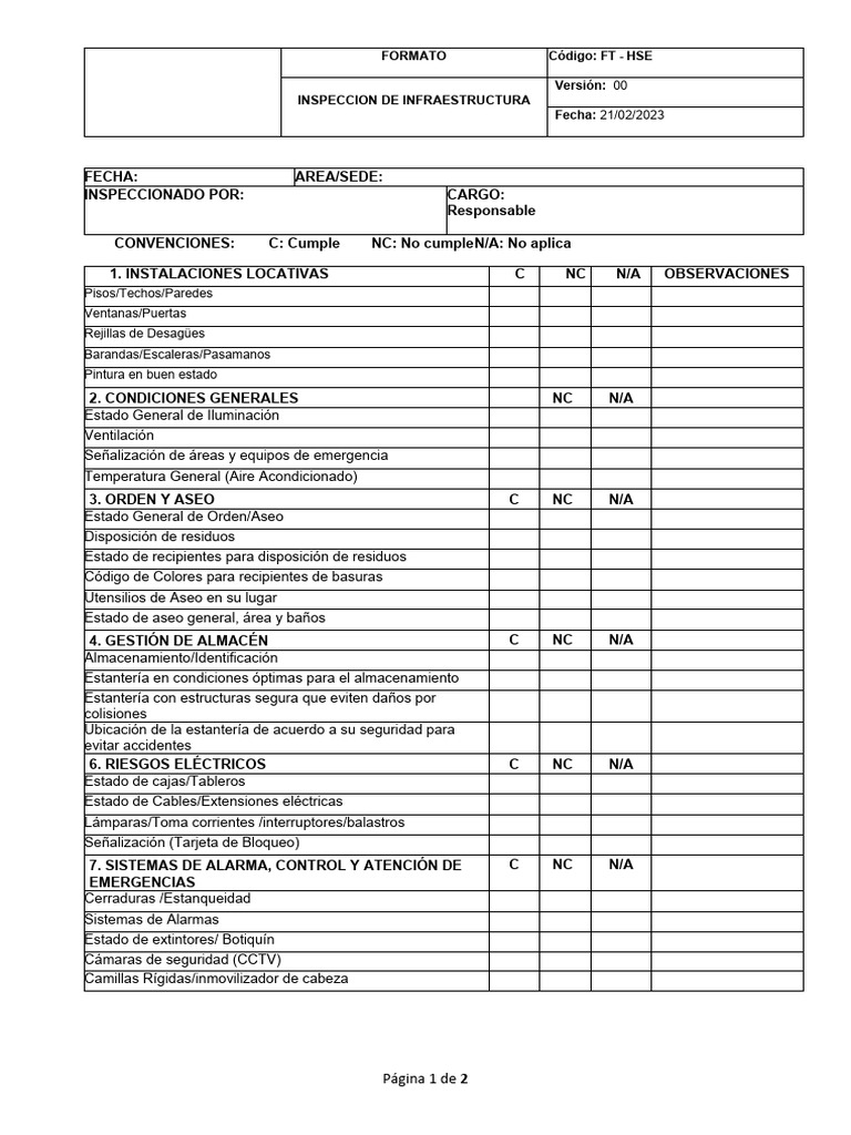 Formato Inspeccion Infraestructura VISUAL PLUS CALDAS | PDF | Higiene