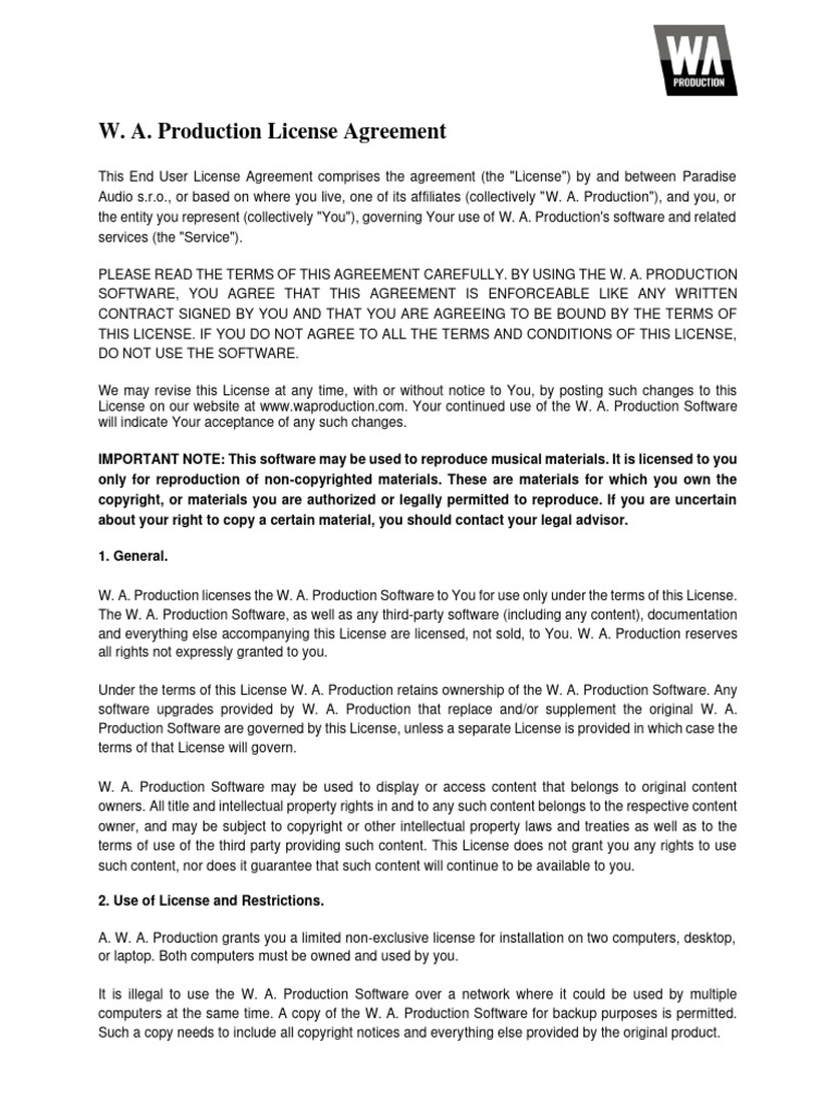 W. A. Production - End User License Agreement (Plugins) | PDF | Tort ...