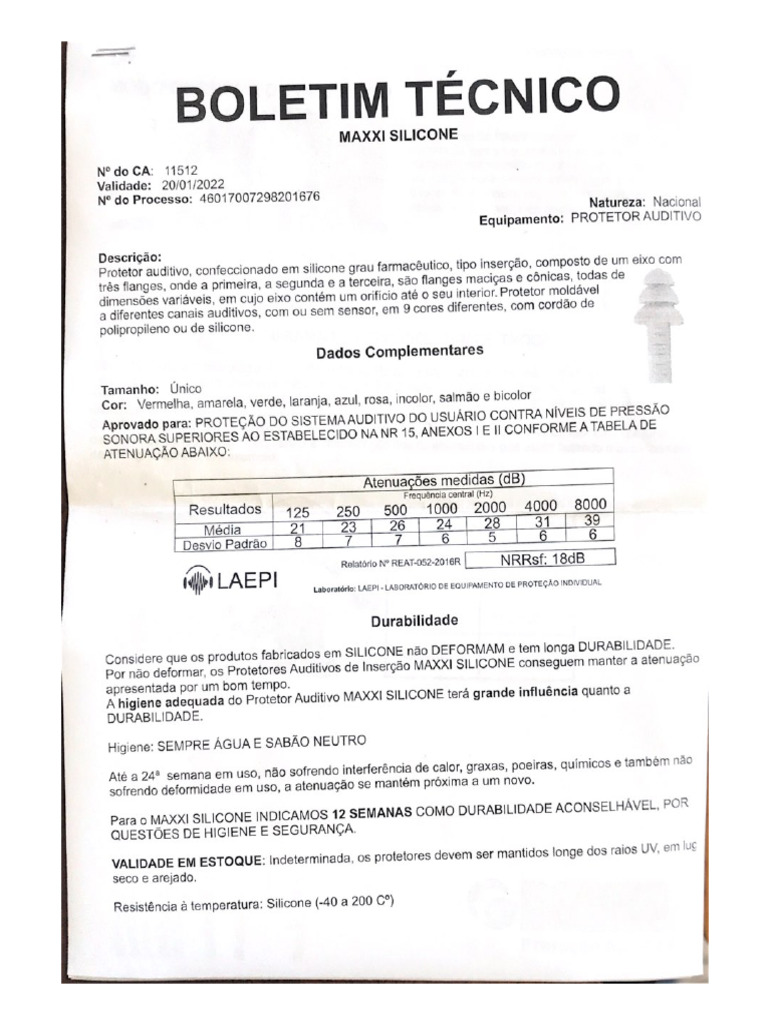 Boletim Técnico (Ca 11512) - Protetor Auditivo | PDF
