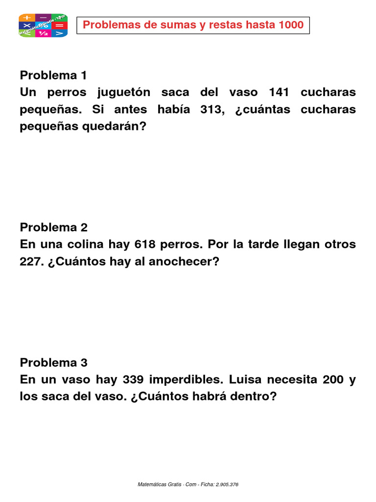 Problemas de Sumas y Restas hasta 1000 | PDF