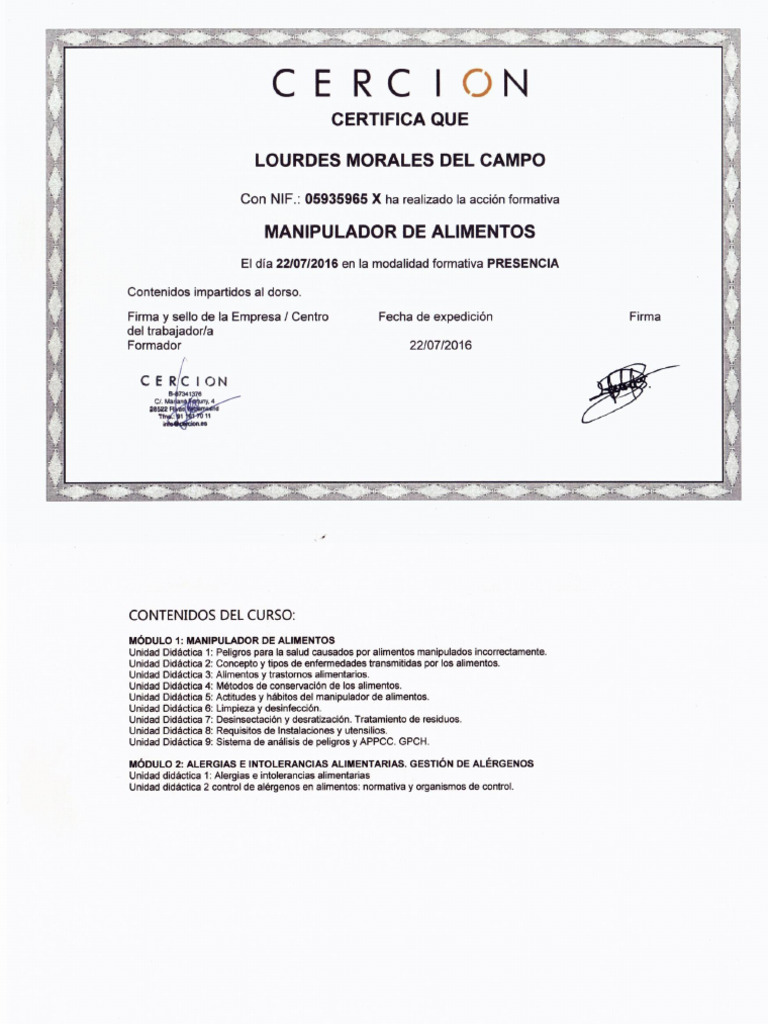 Certificado de Manipulador de Alimentos | PDF