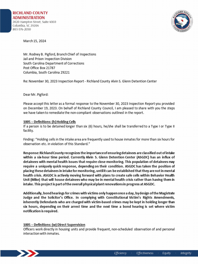 Richland County responds to November SCDC inspection | PDF | Prison ...