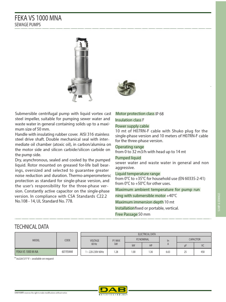 FEKA VS 1000 MNA . (1) | PDF | Pump | Electric Power