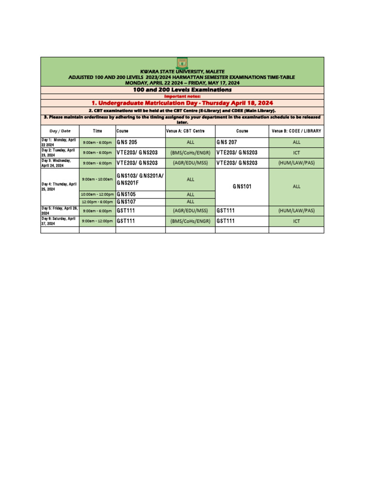 KWASU 2023/2024 Exam Timetable | PDF | Educational Assessment And ...