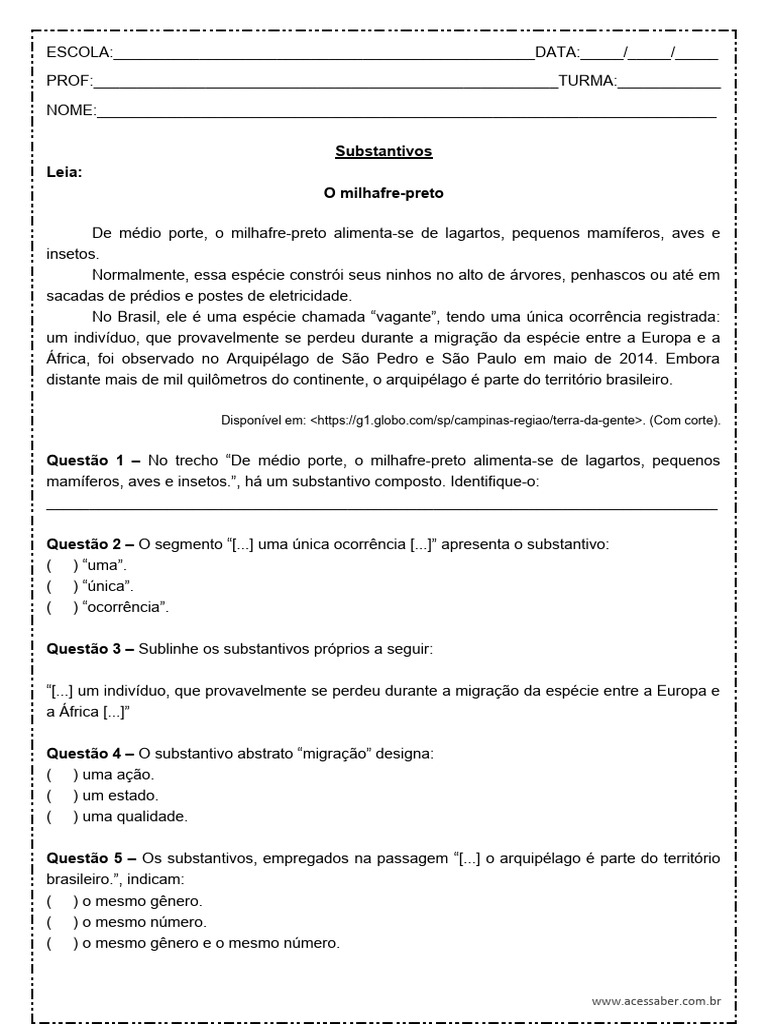 Atividade De Portugues Substantivos 8o Ano Word Pdf