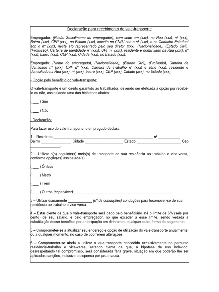 Modelo 25 Declaracao para Recebimento de Vale Transporte | PDF