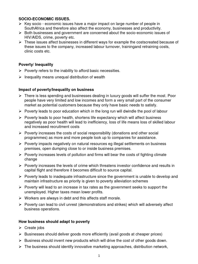 Grade 10 B Studies Socio Economic Issues Notes | PDF