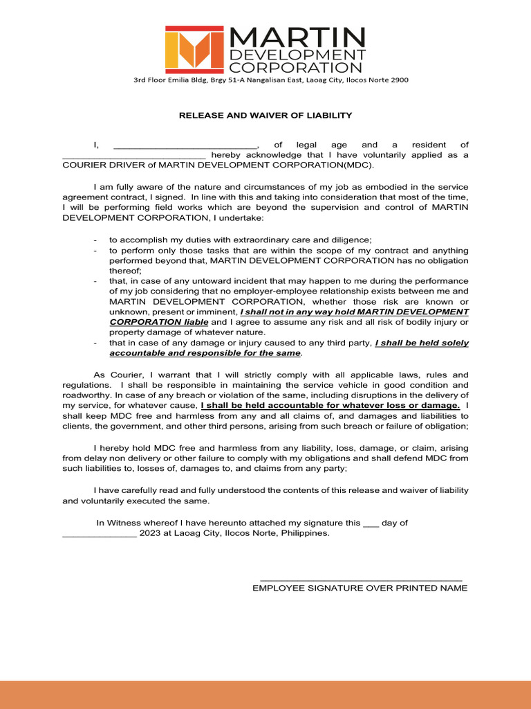 MDC Courier Driver Liability Waiver | PDF | Legal Liability | Business