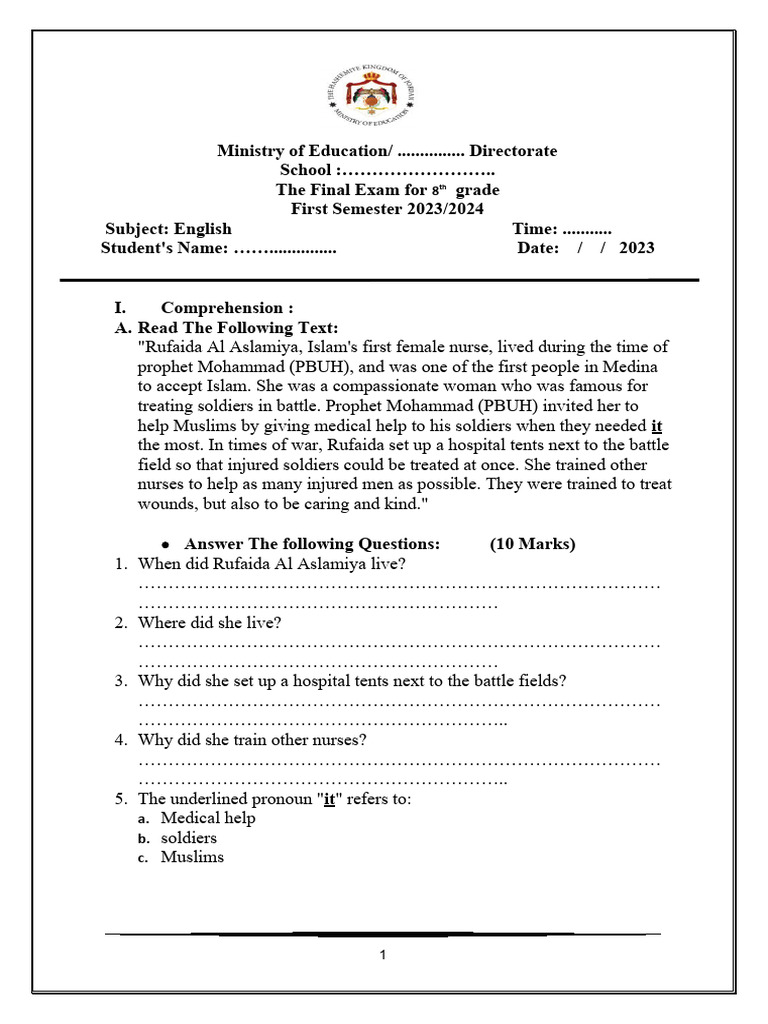 8th Grade Final Exam 1st Semester | PDF | Linguistics