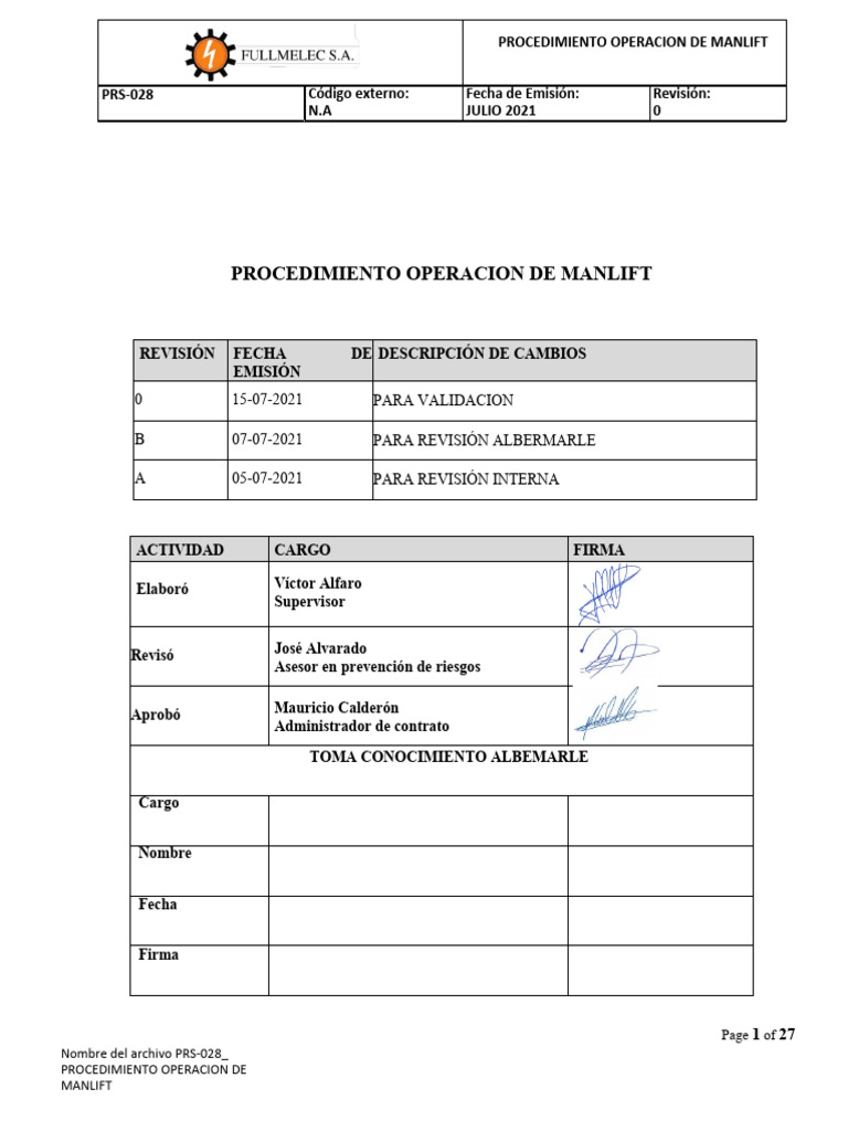PRS-028 Operación de Manlift Rev.0 | PDF