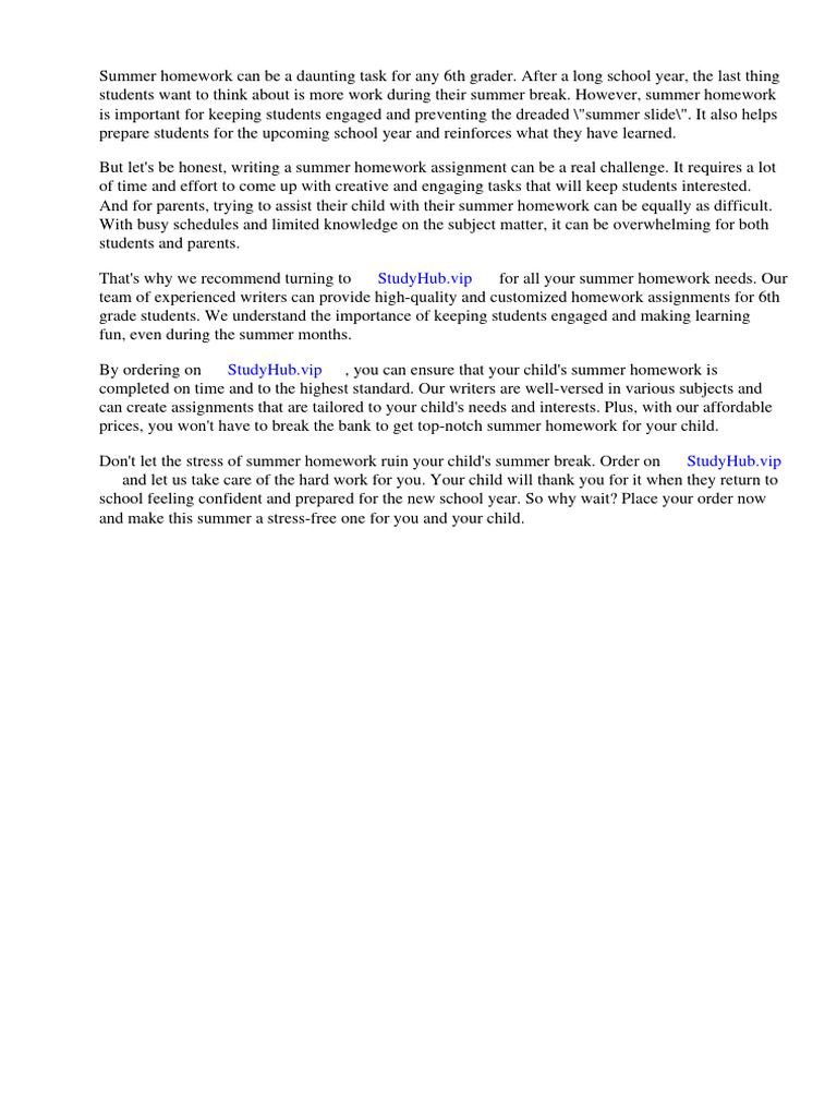 Summer Homework 6th Grade | Download Free PDF | Homework | Worksheet