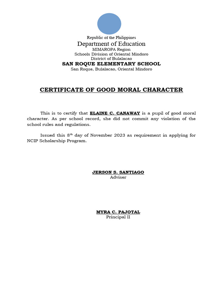 Certificate of Good Moral Character | PDF