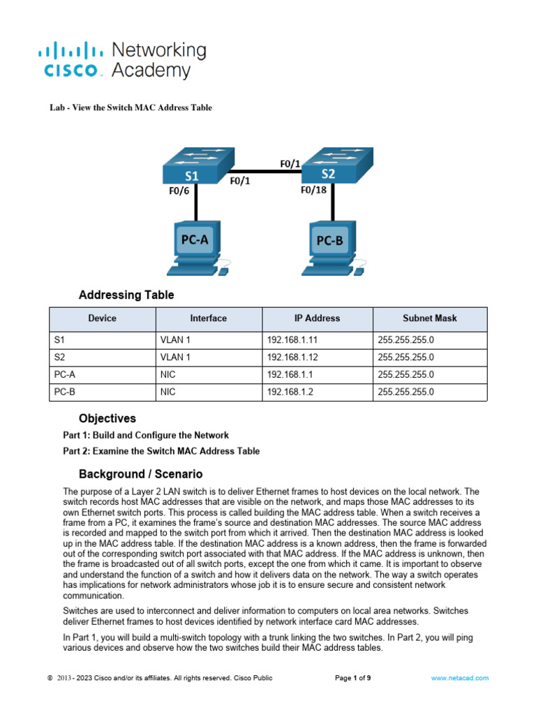 7.3.7 Lab - View the Switch MAC Address Table | PDF | Network Switch | Computer Network