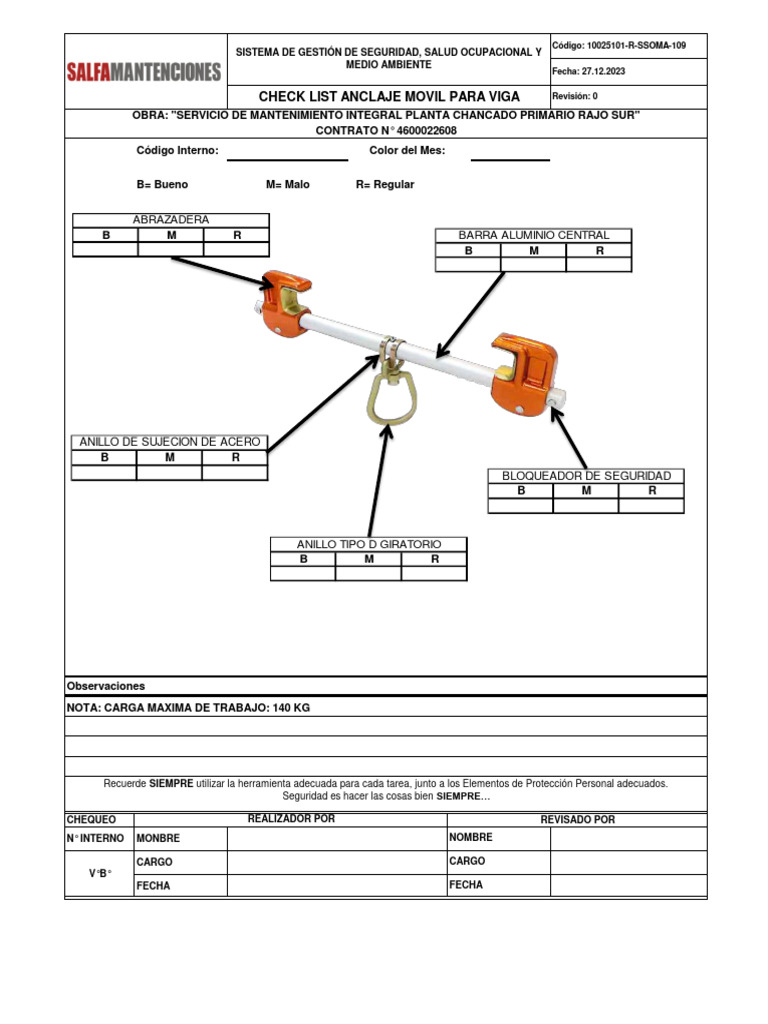 CHECK LIST ANCLAJE MOVIL PARA VIGA | PDF CHECK LIST ANCLAJE MOVIL PARA VIGA | PDF